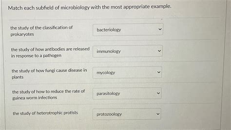 solved match each subfield of microbiology with the most