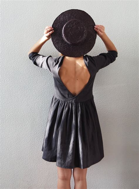 Gray Linen Dress Naked Back Dress Linen Dress Women Linen Womens Dress Linen Short Dress
