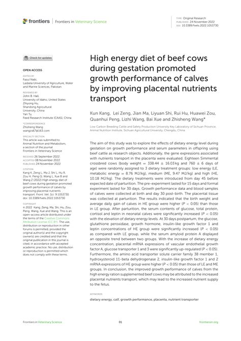 Pdf High Energy Diet Of Beef Cows During Gestation Promoted Growth Performance Of Calves By