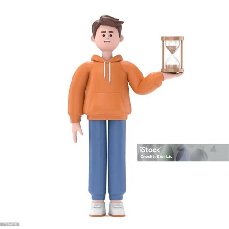 모래 유리 또는 모래 시계를 들고있는 남성 남자 카디르의 3d 그림을보고 흰색 배경에 거의 시간이 다 또는 마감 시간이라는 것을 깨닫습니다 3d 렌더링 Workers