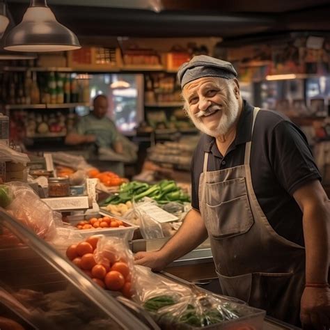Premium Photo Grocery Store Uncle Stands Behind The Counter Smiling And Welcoming Customers