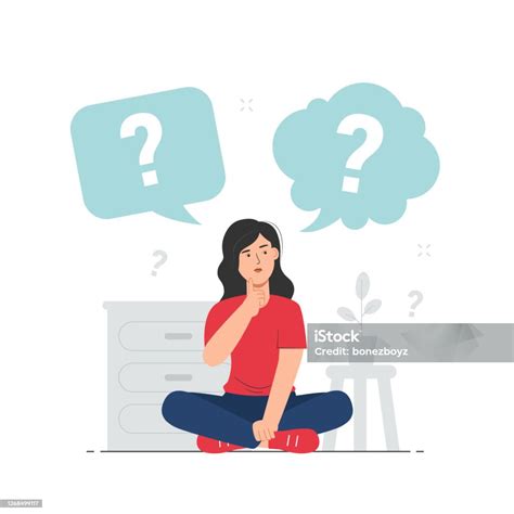연설 거품과 물음표와 함께 생각하는 소녀 의심 문제 호기심 혼란 질문하기에 대한 스톡 벡터 아트 및 기타 이미지 질문하기 물음표 질의응답 Istock