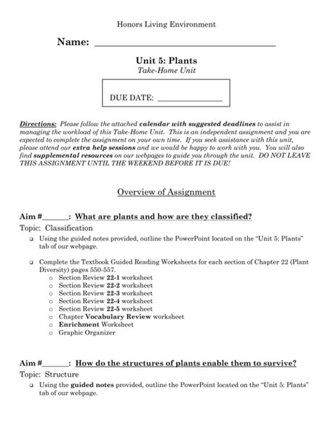 Unit 5 Plants Assignment Page