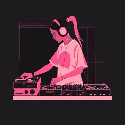 Dj Girl In Headphones Playing Music On Turntables Vector Illustration