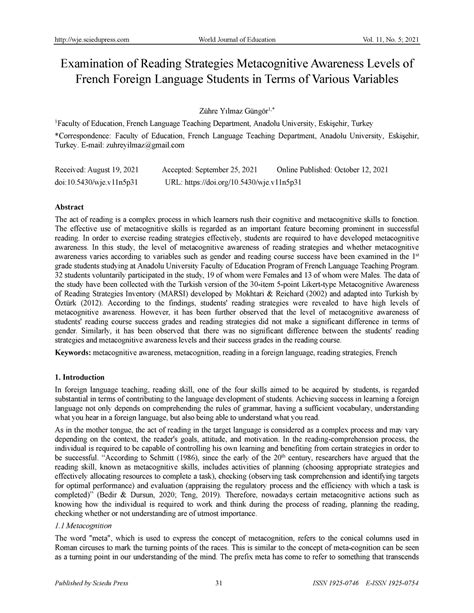 examination of reading strategies metacognitive awareness levels of