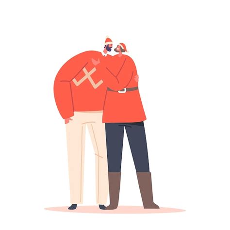 Premium Vector Loving Couple Wear Xmas Costumes And Santa Hats Cuddle