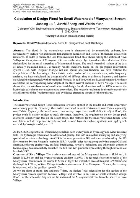 Calculation Of Design Flood For Small Watershed Of Miaoyuanxi Stream Scientificnet
