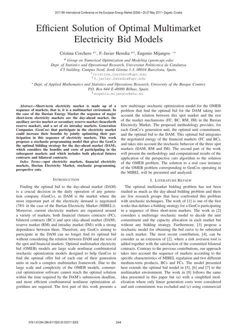 Pdf Efficient Solution Of Optimal Multimarket Electricity Bid Models