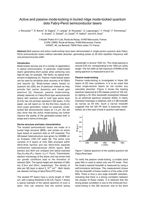 Pdf Active And Passive Mode Locking In Buried Ridge Mode Locked Quantum Dots Fabry Perot