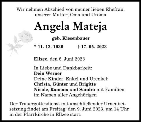 Traueranzeigen Von Angela Mateja Augsburger Allgemeine Zeitung