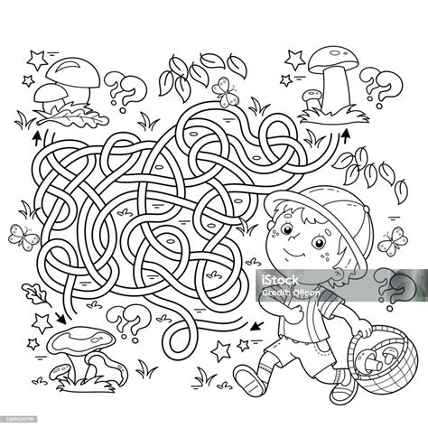 미로 또는 미로 게임 수수께끼 얽힌 도로 색칠 페이지 바구니와 만화 재미 소년의 개요 작은 버섯 피커 아이들을위한 색칠 공부책
