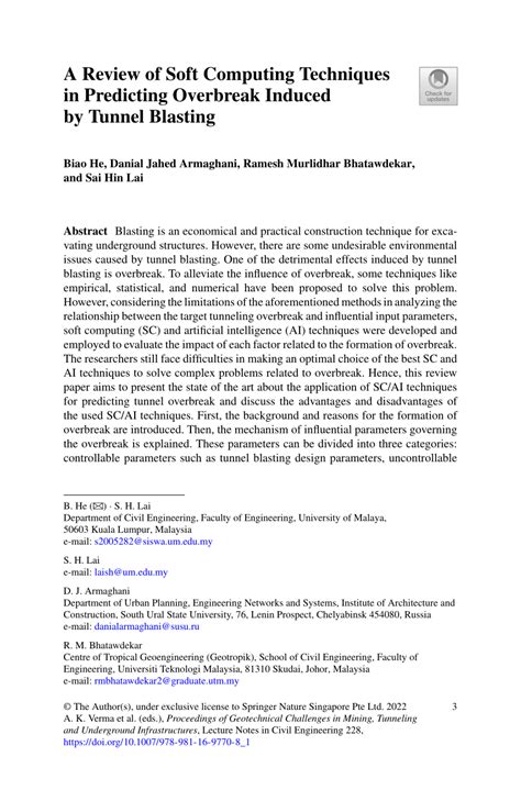 Pdf A Review Of Soft Computing Techniques In Predicting Overbreak Induced By Tunnel Blasting