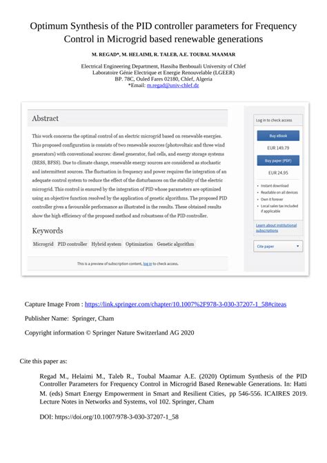 Pdf Optimum Synthesis Of The Pid Controller Parameters For Frequency Control In Microgrid