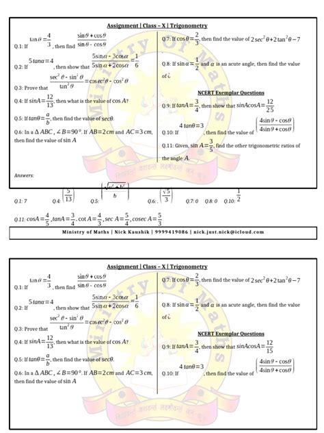 Class X Assignment Trigonometry I Pdf Trigonometry Trigonometric