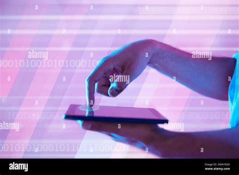Fingerprint Futuristic And Hands Of Man With Tablet For Binary