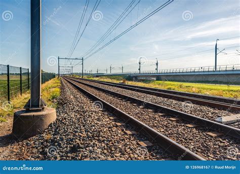Train Tracks On Concrete Sleepers And Basalt Gravel In The Netherlands Stock Image Image Of