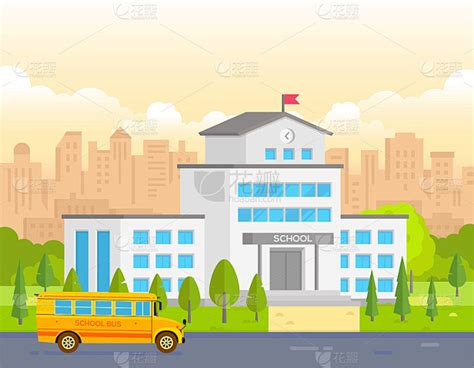 城市学校大楼用黄色公交 现代矢量插图