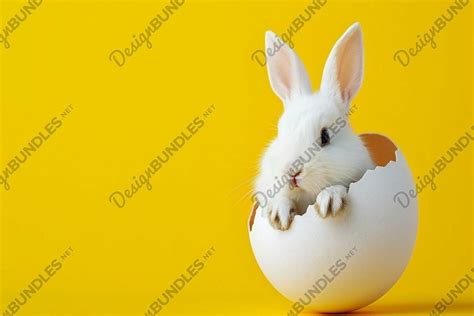 Easter Rabbit Sitting Inside Egg Shell On Ellow Background