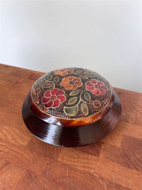 Vintage Inlay Handpainted Wood Box Handmade Round Br Gem