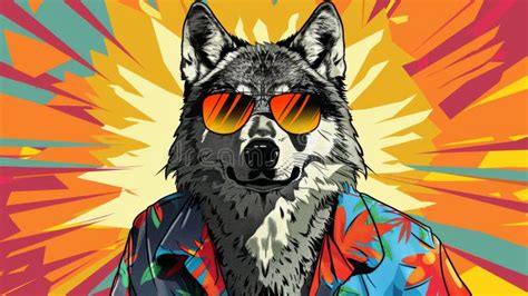 Cool Wolf Wearing Sunglasses And Floral Jacket Against A Colorful