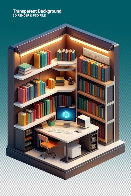 Premium Psd A Library With A Computer And A Bookcase With A Computer On The Top
