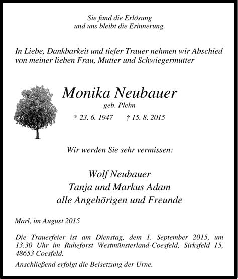 Traueranzeigen Von Monika Neubauer Trauer In Nrwde