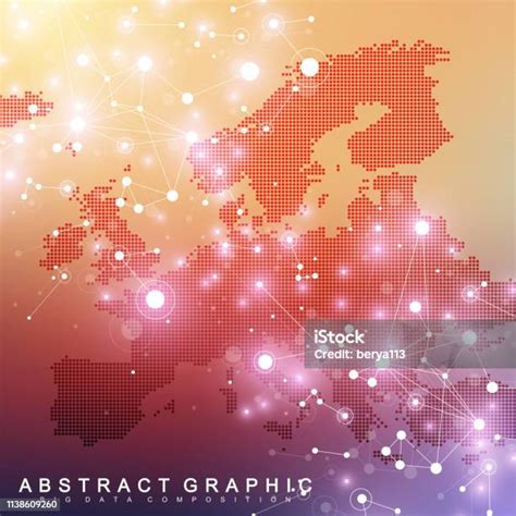 유럽 지도와 기하학적 그래픽 배경 통신 화합물이 있는 빅 데이터 복합체 원근감 있는 배경입니다 최소 배열 디지털 데이터 시각화 과학적인 인공 두뇌 벡터 일러스트입니다 0명에