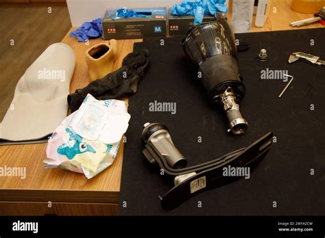 Kyiv Ukraine April 04 2024 Parts Of Lower Limb Prostheses Are Seen In The Shop At The