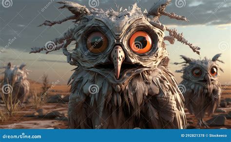 Post Apocalyptic Futuristic Owls With Orange Eyes Stock Illustration