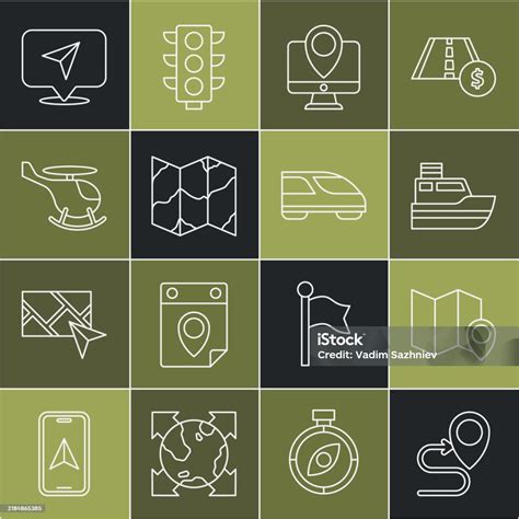 Set Line Route Location Folded Map With Marker Ship Line Path Monitor Helicopter Infographic Of