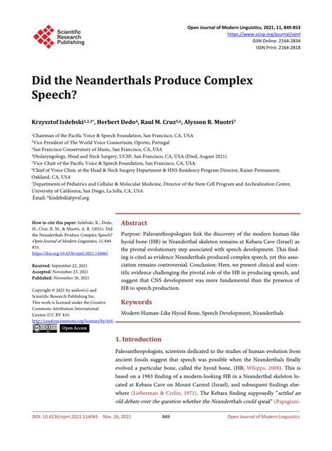 Pdf Did The Neanderthals Produce Complex Speech