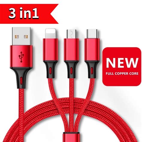 สายชาร์จโทรศัพท์มือถือ Micro Usb Type C 3 In 1 สายเคเบิลข้อมูล Usb
