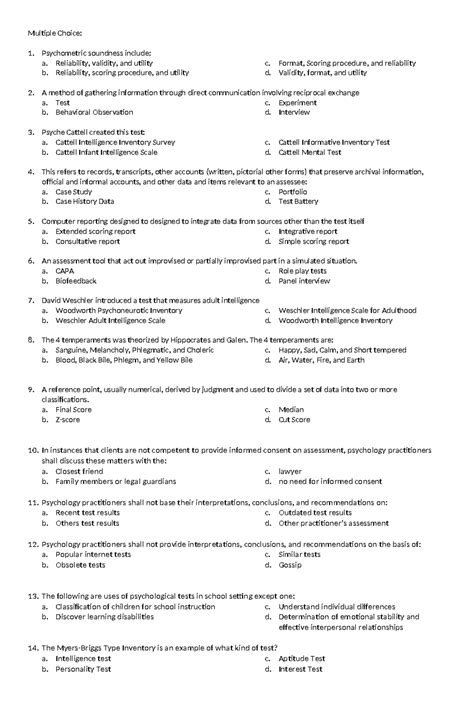 Psych Assessment Sample Test Multiple Choice Psychometric Soundness