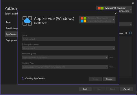 Visual Studio Publishing With Azure In VS Stuck On Creating App