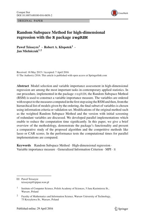 pdf random subspace method for high dimensional regression with the r