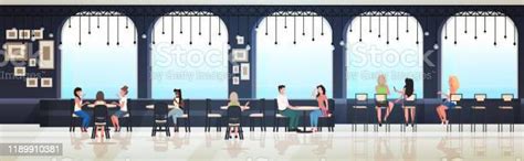 카페 테이블에 앉아 사람들은 현대 레스토랑 인테리어 수평 스케치 전체 길이를 충족하는 동안 논의 경주 방문자를 혼합 0명에 대한 스톡 벡터 아트 및 기타 이미지 Istock