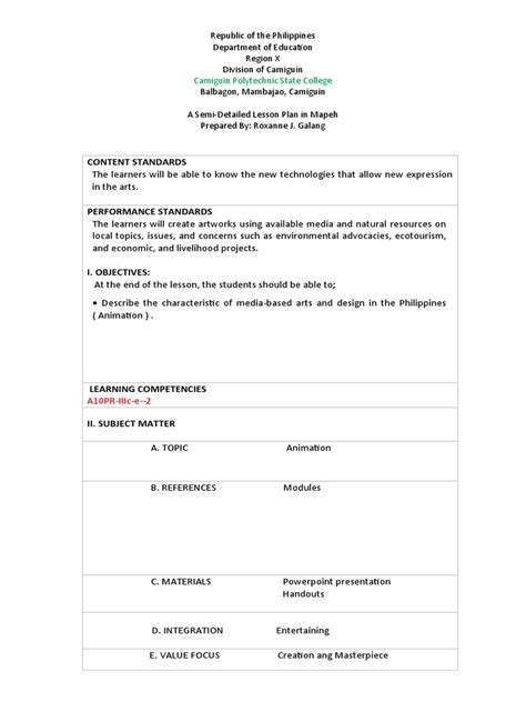 Semi Detailed Lesson Plan Pdf Animation