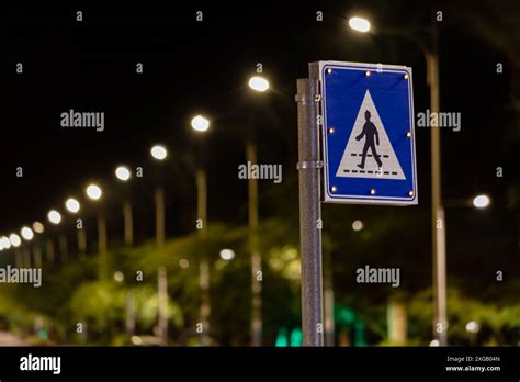 Illuminated Pedestrian Crossing Sign At Night City Street Lightning Urban Highway Pedestrian