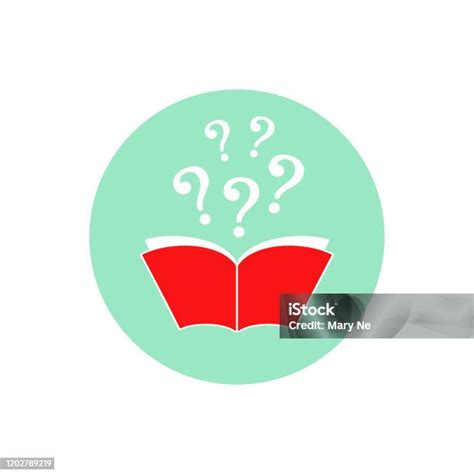 청록색 원으로 날아 가는 흰색 물음표가있는 빨간색 열린 책 교과서에 대한 스톡 벡터 아트 및 기타 이미지 교과서 교육
