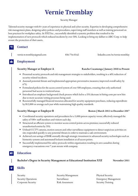 Security Manager Resume Cv Example And Writing Guide