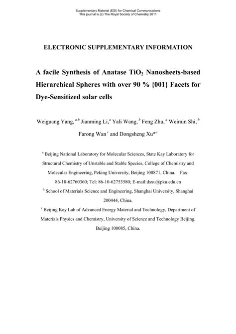 Pdf A Facile Synthesis Of Anatase Tio2 Nanosheets Based Hierarchical Spheres With Over 90