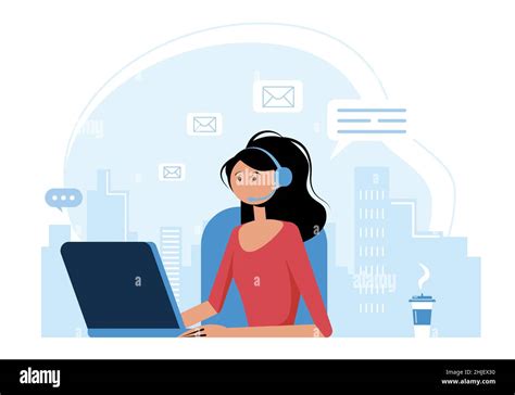 Woman With Headphones And Microphone With Laptop Customer Service