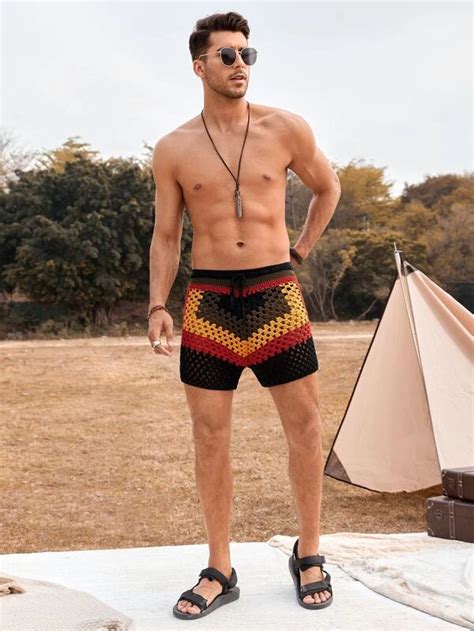 Men Colorblock Hollow Out Drawstring Waist Crochet Shorts Shein Usa