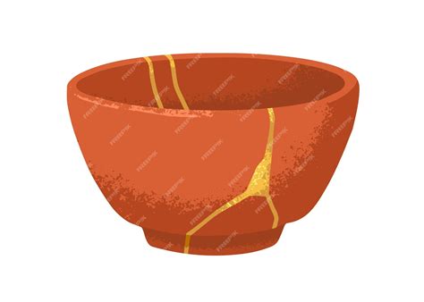 중국 도자기 아시아 동부 킨츠기 스타일의 도자기 그릇 다시 태어난 깨진 접시 디자인 황금 래커 라인 골드 패턴으로 수리 평면 벡터 일러스트 레이 션 흰색 배경에