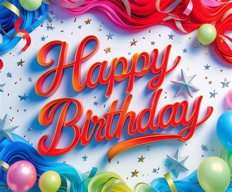 Festive Happy Birthday Greeting With Red Orange Script Ribbons Balloons