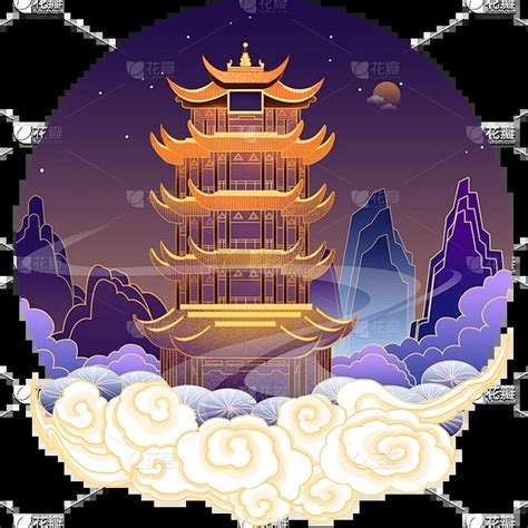 中秋国庆中国风建筑贴纸素材 花瓣网
