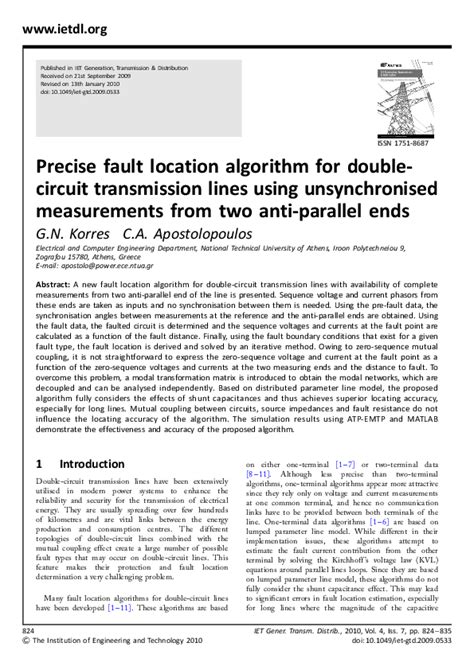 Pdf Precise Fault Location Algorithm For Double Circuit Transmission