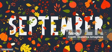 손으로 그린 타이포그래피 글자 문구 안녕하세요 황금 화환과 흰색 배경에 고립 9 월 인사말과 초대 카드 또는 인쇄 디자인을위한 재미있는 브러시 잉크 서예 비문 9월에 대한