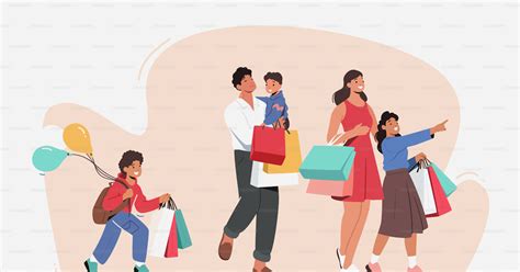행복한 가족 쇼핑 아버지 어머니 어린 아이들이 종이 봉지와 풍선을 들고 슈퍼마켓을 방문하고 주말에는 상점 시장에서 부모와 함께 있는 아이들 만화 벡터 일러스트레이션
