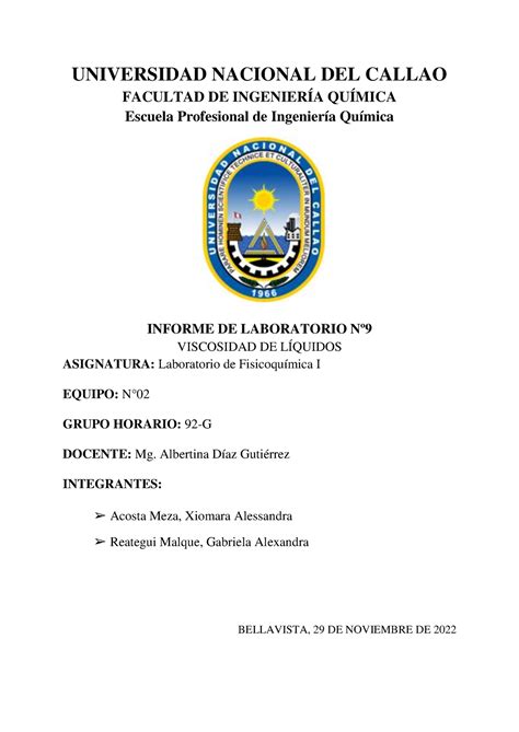 Informe N°09 Grupo 2 Fisicoquímica Universidad Nacional Del Callao